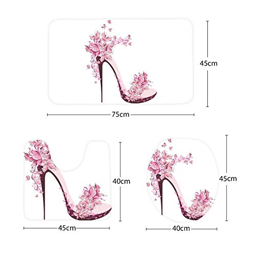 Amagical Pink Butterfly and Girls High Heels Shoe 3 Piece Bathroom Mat Set Non Slip Bath Mat Contour Mat Toilet Cover