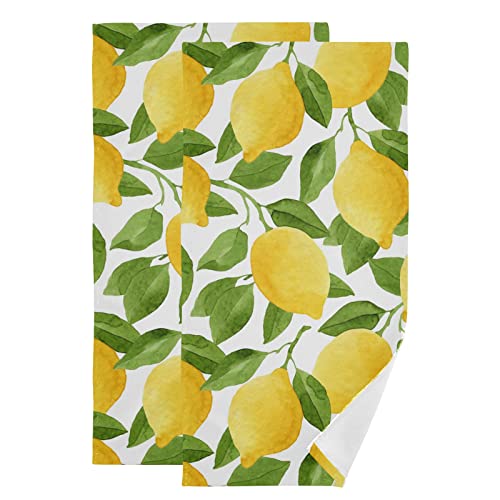 AIYOOLER Hand Towels for Bathroom Set of 2 Bright Yellow Watercolor Citrus Lemons and Green Leaves Soft Absorbent Small Bath Towels Decorative Kitchen Guest Dish Towel Cloth for Gym,Spa,Hotel 28x14in