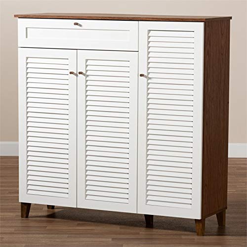 BOWERY HILL Walnut Finished 11-Shelf Wood Shoe Cabinet with Drawer