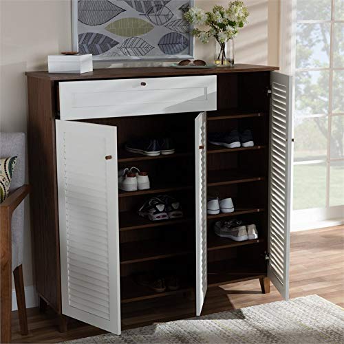 BOWERY HILL Walnut Finished 11-Shelf Wood Shoe Cabinet with Drawer
