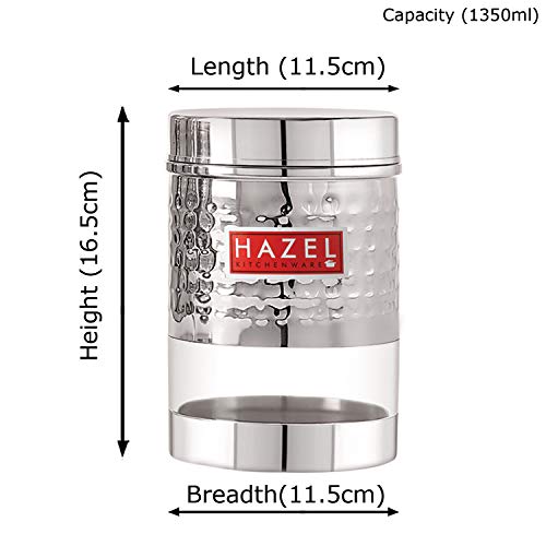 HAZEL Stainless Steel Hammered Finish Transparent Glossy See Through Container, Set of 4, 1350 ML Each, Silver