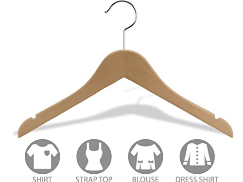 The Great American Hanger Company Wooden Junior Top Hanger, Box of 100 Flat 14 inch Space Saving Wood Hangers w/Natural Finish, Notches and 360 Degree Chrome Swivel Hook