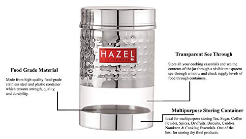 HAZEL Stainless Steel Hammered Finish Transparent Glossy See Through Container, Set of 4, 1350 ML Each, Silver