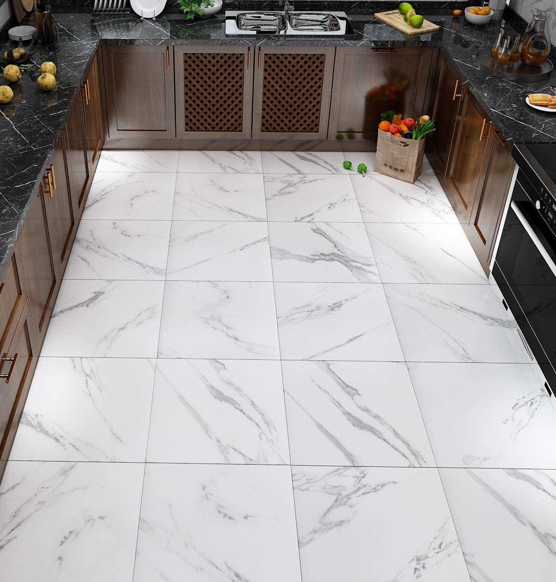 Livelynine 32-Pack White Marble Peel and Stick Floor Tile 12X12 Inch Waterproof Vinyl Floor Tiles Peel and Stick Flooring Tiles Self Adhesive Bathroom Floor Tile Stickers Kitchen Laminate Groutable