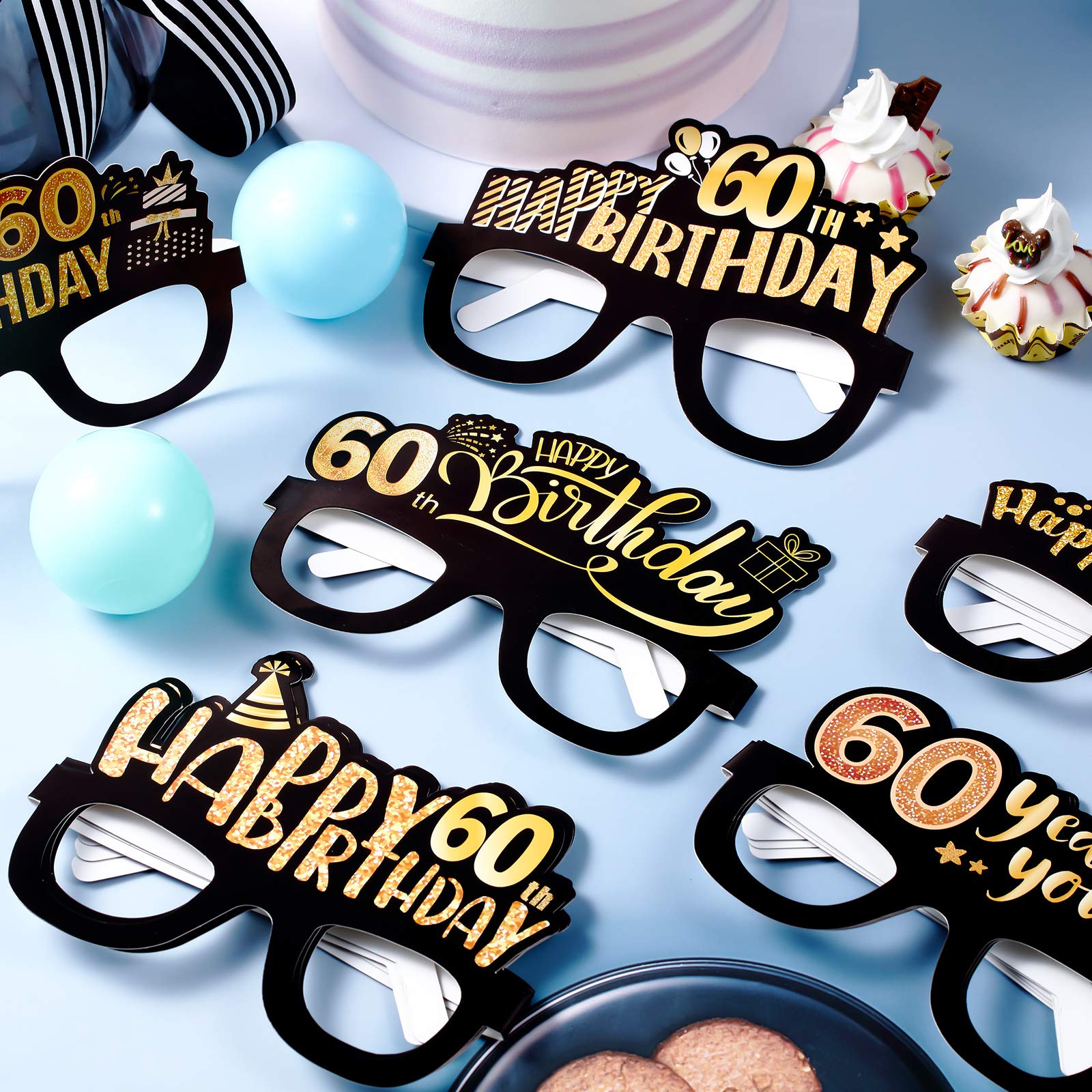 Sumind 24 Pcs Birthday Glasses Decoration Paper Eyeglasses Birthday Sunglasses to Wear for Men Women Table Decor Party(60th)
