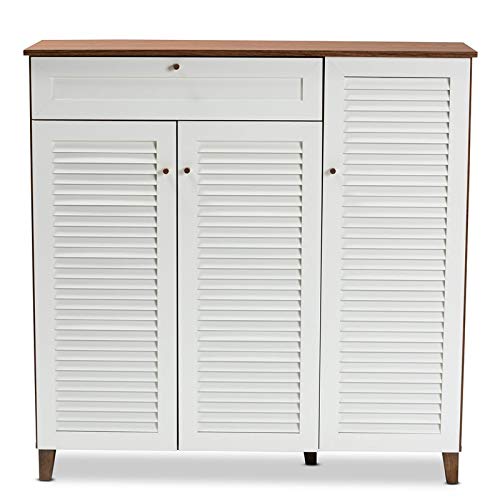 BOWERY HILL Walnut Finished 11-Shelf Wood Shoe Cabinet with Drawer
