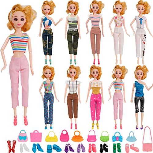 SOTOGO 30 Pieces Doll Clothes and Accessories for 11.5 Inch Girl Doll Include Random Style 10 Sets Tops and Pants,10 Bags and 10 Pairs Shoes