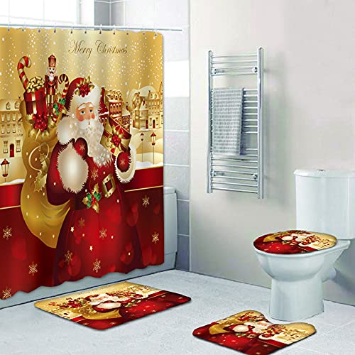Christmas Shower Curtain Set for Bathroom Decorations,4 Pcs Xmas Element Waterproof Tub Curtains with Bath Rugs, Washable Non-Slip Mat,Toilet Cover and Hooks for Holiday Inside Outside Decor (A42)