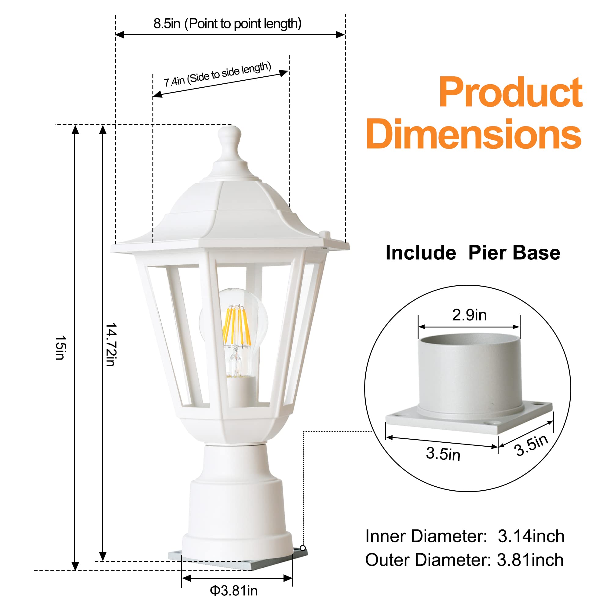 FUDESY Outdoor Post Light, Outdoor White Lamp Post Light Fixture with Pier Mount Base, Waterproof Pole Light Fixture with E26 Socket, Exterior Lamp Post Lantern for Garden Yard Patio Pathway