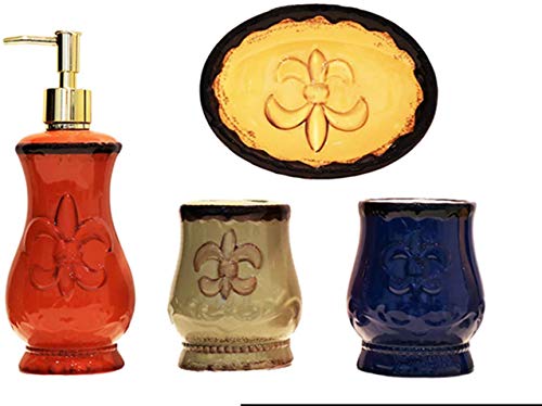 A.C.K. Trading Co. Tuscany Fleur De Lis Hand Painted Ceramic,4-Piece Ceramic Bathroom Accessories Soap Dispenser, Toothbrush Holder, Toothbrush Cup, Soap Dish, 82010 by ACK