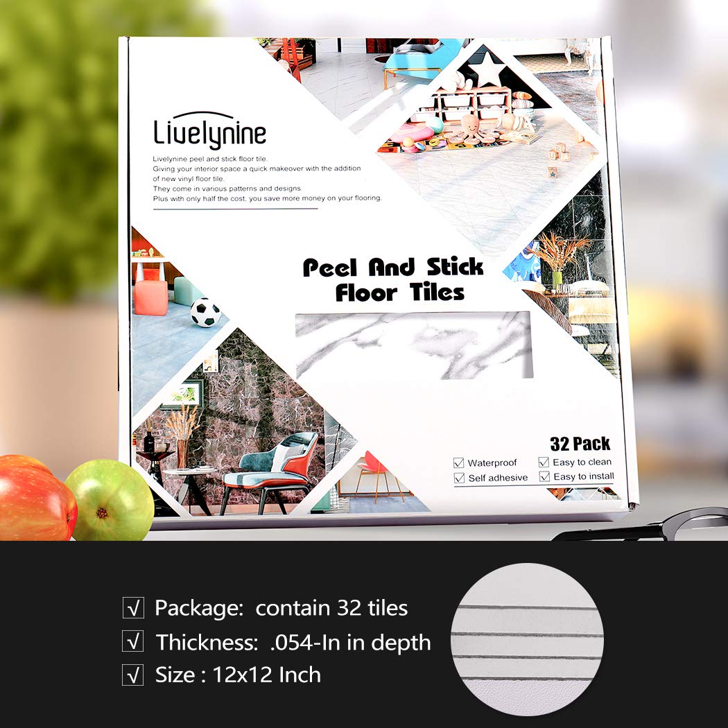 Livelynine 32-Pack White Marble Peel and Stick Floor Tile 12X12 Inch Waterproof Vinyl Floor Tiles Peel and Stick Flooring Tiles Self Adhesive Bathroom Floor Tile Stickers Kitchen Laminate Groutable