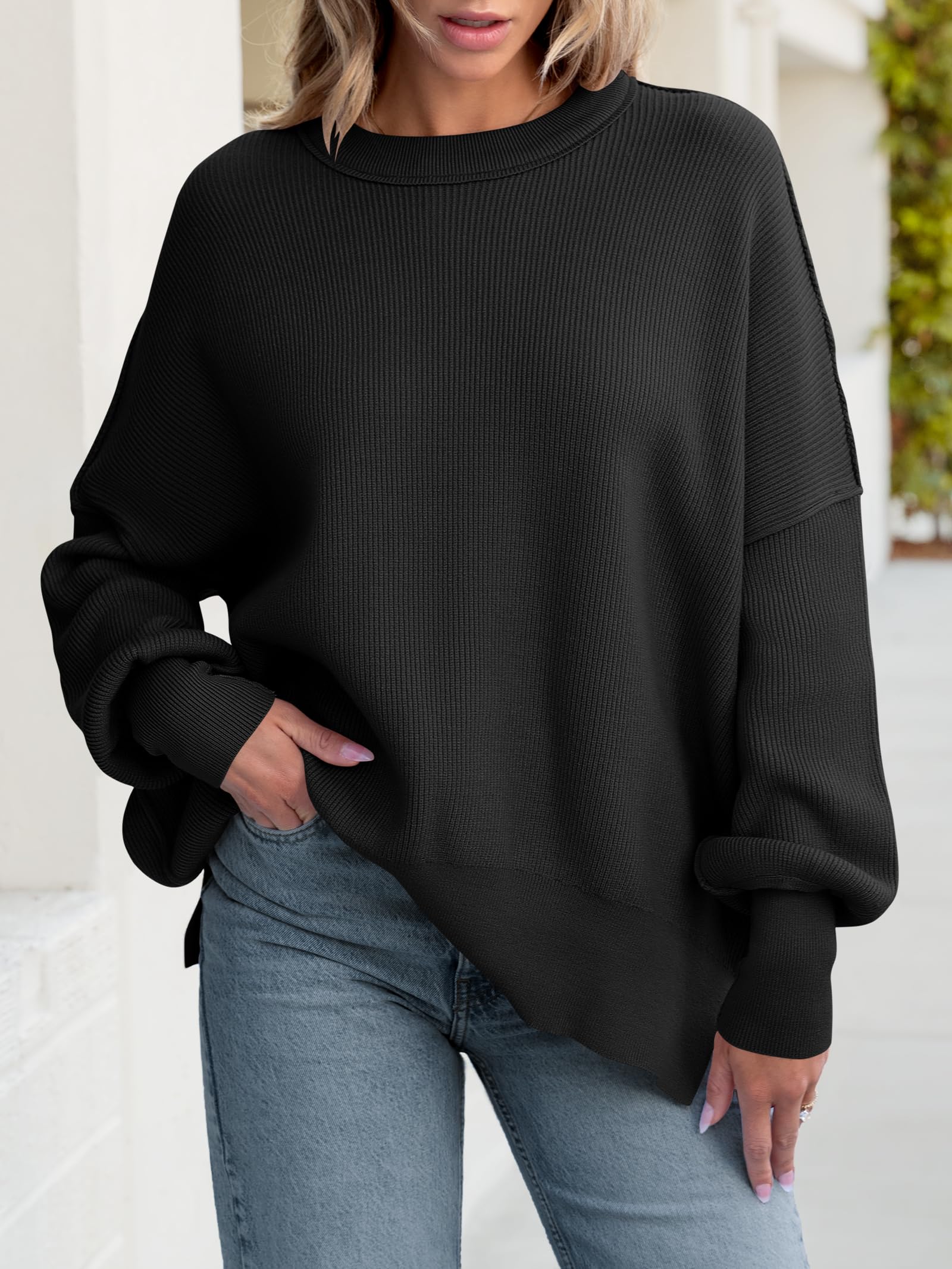 ANRABESS Women Crewneck Batwing Long Sleeve 2024 Fall Oversized Side Slit Ribbed Knit Pullover Sweaters Top Cozy Outfits Black Large