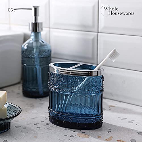 WHOLE HOUSEWARES | Premium Bathroom Accessory Set | 4-Piece Decorative Blue Glass Bathroom Decor Accessories Set | Soap Dispenser, Tray, Jar, Toothbrush Holder | Elegant Mosaic Glass (Blue)