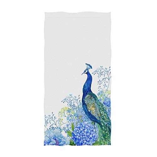 Naanle Beautiful Peacock Flowers Print Soft Bath Towel Large Hand Towels Multipurpose for Bathroom, Hotel, Gym and Spa (16" x 30",White Blue)