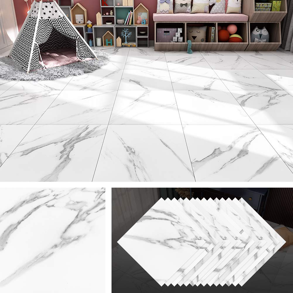 Livelynine 32-Pack White Marble Peel and Stick Floor Tile 12X12 Inch Waterproof Vinyl Floor Tiles Peel and Stick Flooring Tiles Self Adhesive Bathroom Floor Tile Stickers Kitchen Laminate Groutable