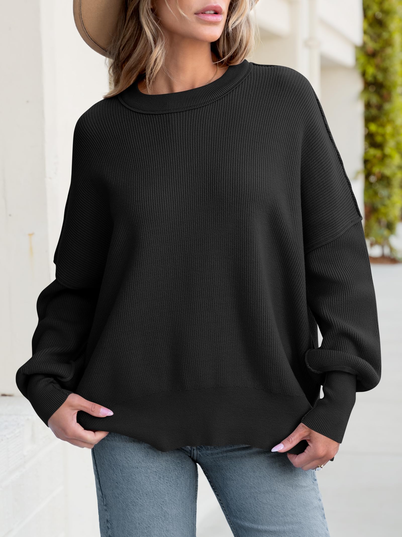 ANRABESS Women Crewneck Batwing Long Sleeve 2024 Fall Oversized Side Slit Ribbed Knit Pullover Sweaters Top Cozy Outfits Black Large