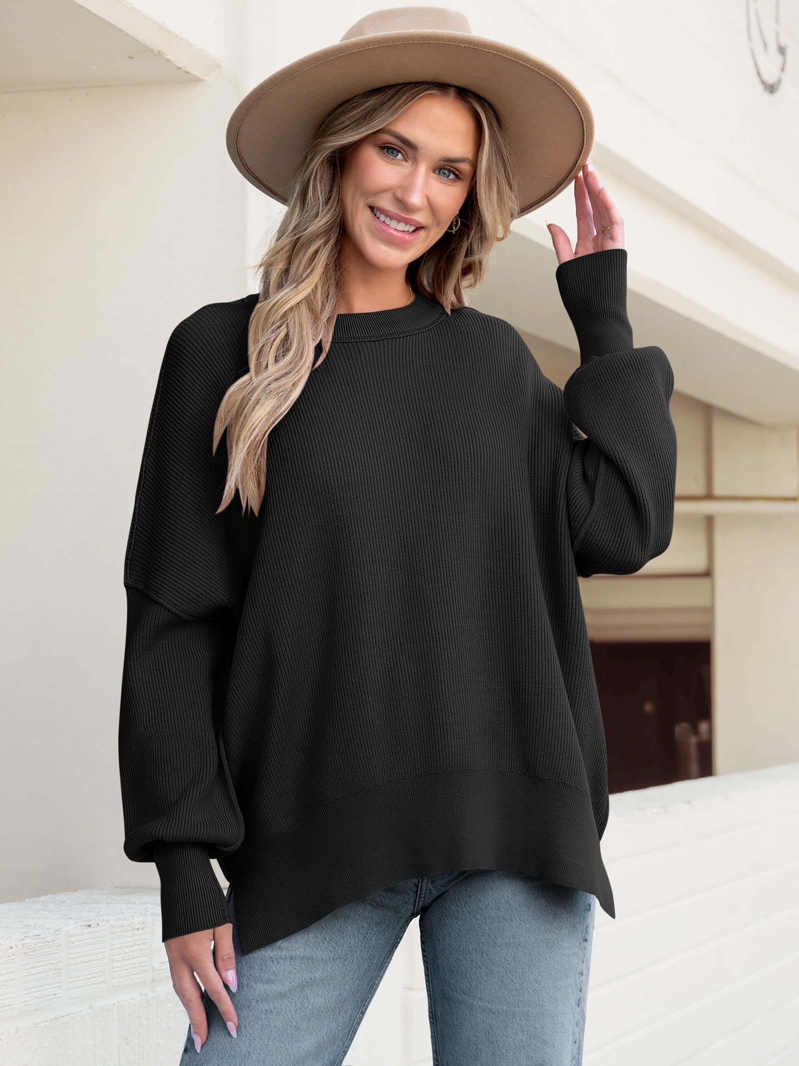 ANRABESS Women Crewneck Batwing Long Sleeve 2024 Fall Oversized Side Slit Ribbed Knit Pullover Sweaters Top Cozy Outfits Black Large
