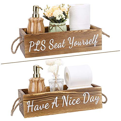 Luxspire Bathroom Decor Box, 2 Sides Farmhouse Wooden Toilet Paper Holder Tissue Storage Toilet Tank Topper Organizer, Rustic Bathroom Tray Restroom Funny Sayings, Wood Basket Box Home Decor, Brown