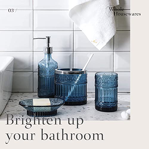 WHOLE HOUSEWARES | Premium Bathroom Accessory Set | 4-Piece Decorative Blue Glass Bathroom Decor Accessories Set | Soap Dispenser, Tray, Jar, Toothbrush Holder | Elegant Mosaic Glass (Blue)