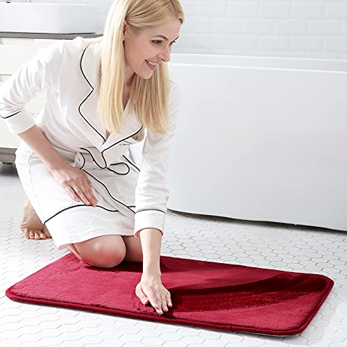 Walensee Extra Thick Memory Foam Bath Rug (17 inch X 24 inch, Red) Non Slip Absorbent Super Cozy Velvet Bathroom Mat, Luxury Soft Plush Small Carpet for Bath Room Shower Floor Tub, Machine Wash Dry