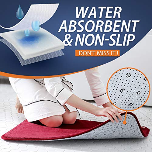 Walensee Extra Thick Memory Foam Bath Rug (17 inch X 24 inch, Red) Non Slip Absorbent Super Cozy Velvet Bathroom Mat, Luxury Soft Plush Small Carpet for Bath Room Shower Floor Tub, Machine Wash Dry