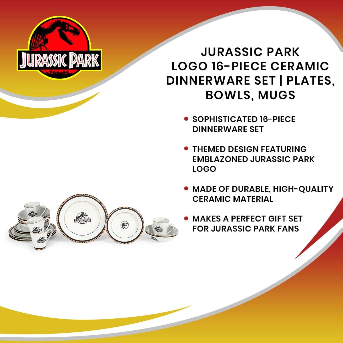 Ukonic Jurassic Park Logo 16-Piece Ceramic Dinnerware Set Replica | Movie-Authentic Dinosaur Dish Set | Includes Dinner Plates, Salad Plates, Soup Bowls, Mugs | Place Setting For 4, White