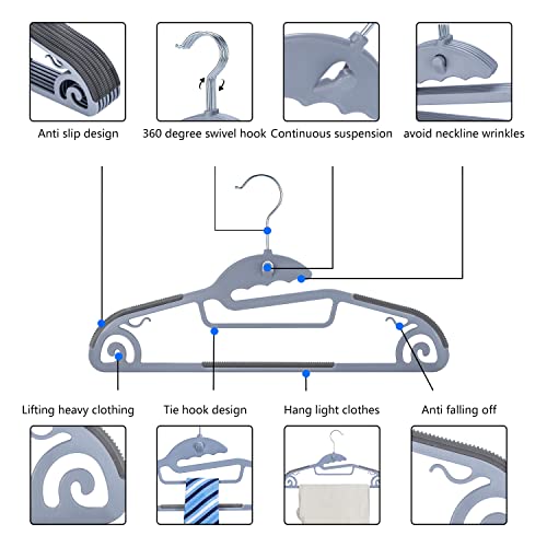 Bumodel 30 Pack Magic Extender Coat Hanger Ultra Thin Plastic Hangers with Non-Skid Rubber Padded Neck Protect Closet Space Saving Clothing Hangers for Jean, Skirt, Blouse, Ties, Bras, Suit (Gray)