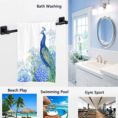 Naanle Beautiful Peacock Flowers Print Soft Bath Towel Large Hand Towels Multipurpose for Bathroom, Hotel, Gym and Spa (16" x 30",White Blue)