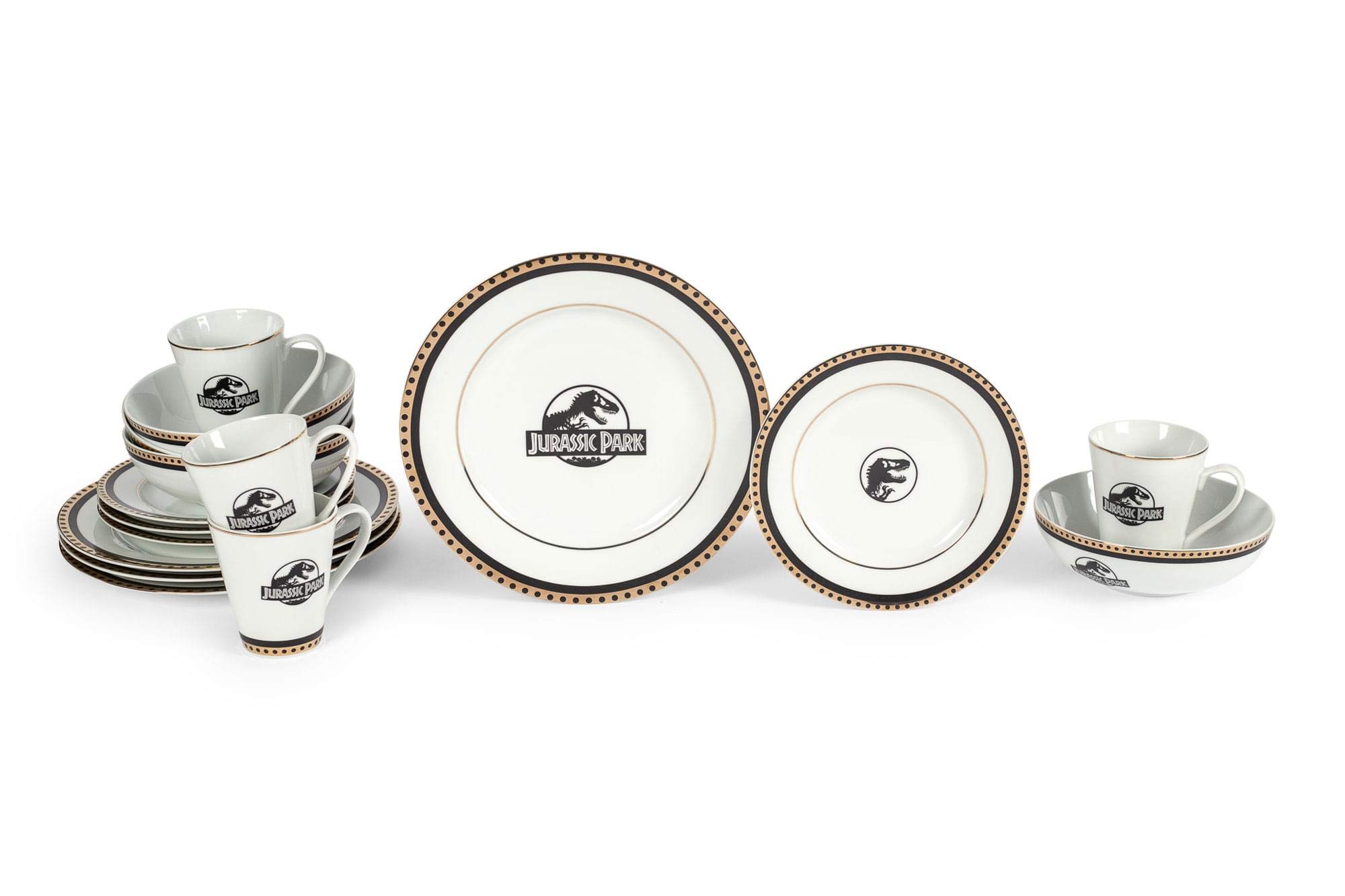 Ukonic Jurassic Park Logo 16-Piece Ceramic Dinnerware Set Replica | Movie-Authentic Dinosaur Dish Set | Includes Dinner Plates, Salad Plates, Soup Bowls, Mugs | Place Setting For 4, White