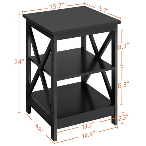 Yaheetech Black End Table Set of 2, 16x16x24 in Sturdy 3-Tier Side Tables with Storage Shelf & Solid Wood Legs, 2Pcs X-Design Modern Sofa Side Table for Living Room Office, Easy Assembly