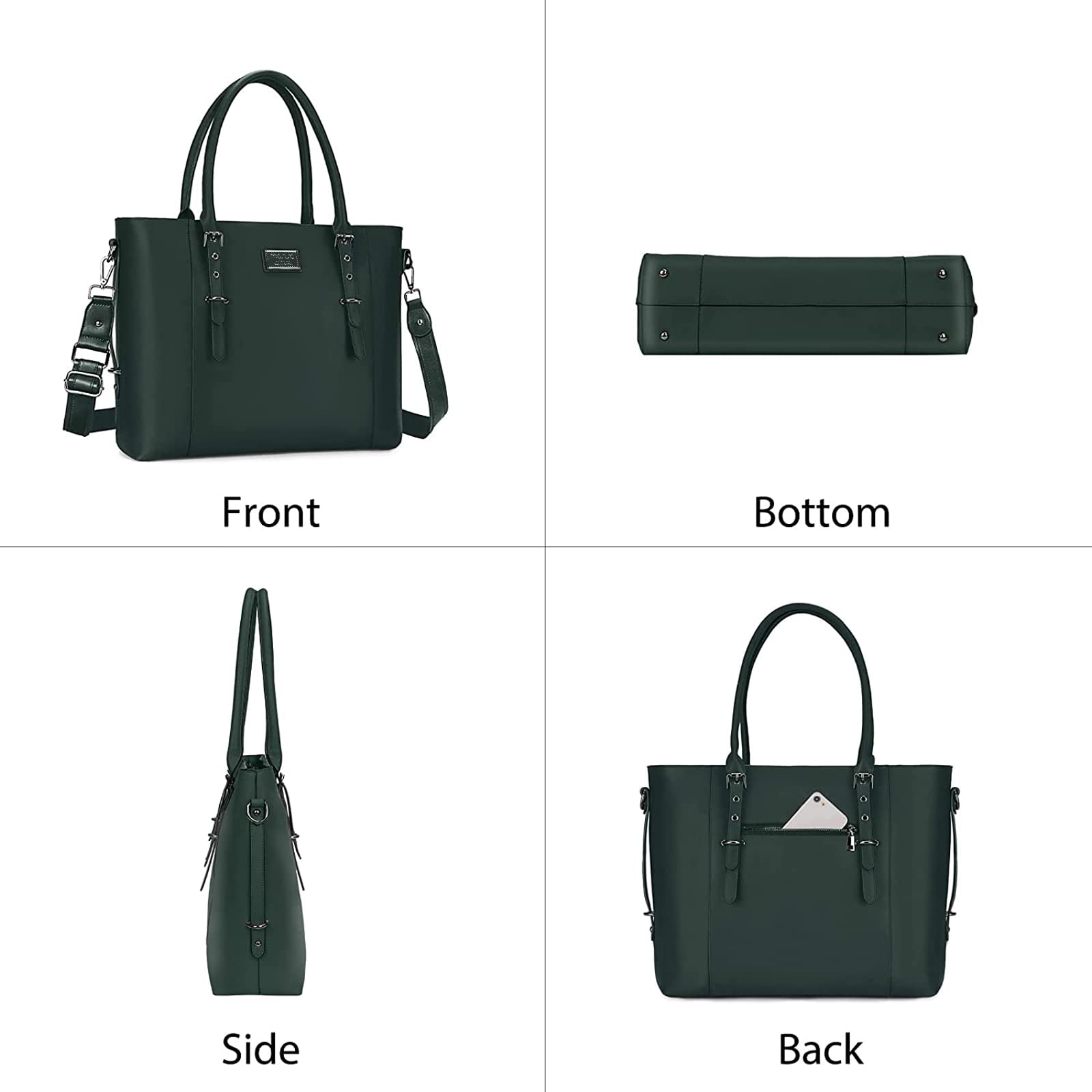 MOSISO PU Leather Laptop Tote Bag for Women (13-13.3 inch), Waterproof Large Capacity Business Work Briefcase Shoulder Laptop Bag, Midnight Green