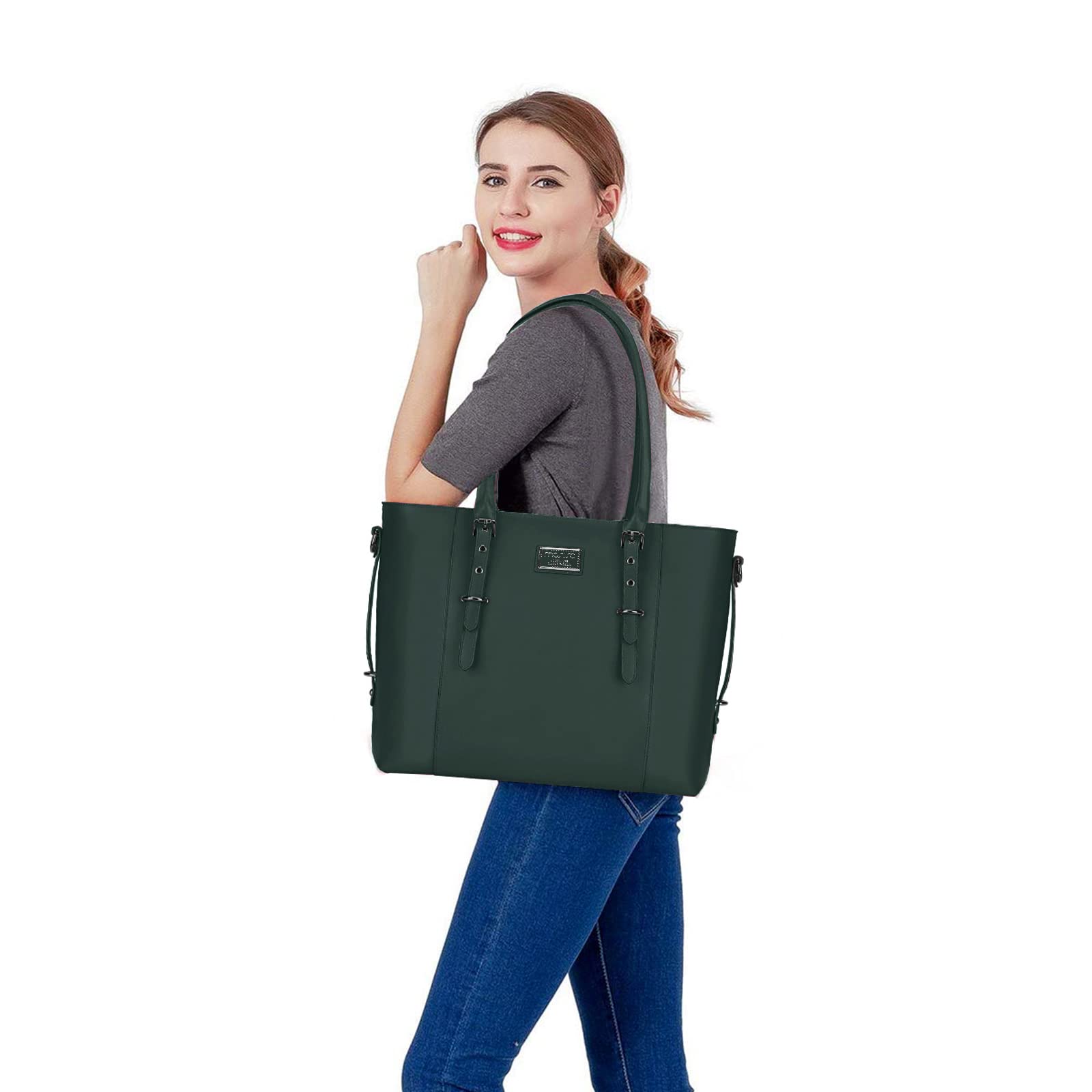 MOSISO PU Leather Laptop Tote Bag for Women (13-13.3 inch), Waterproof Large Capacity Business Work Briefcase Shoulder Laptop Bag, Midnight Green