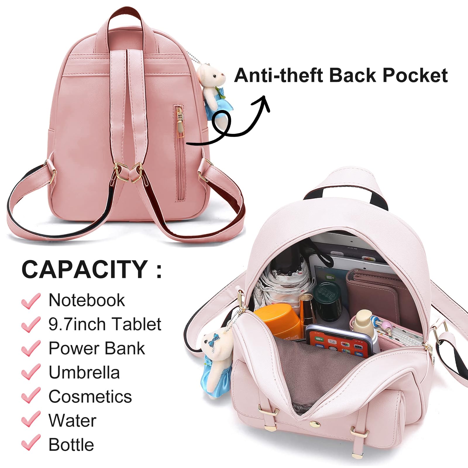 Barsine Girl Mini Backpack Set Cute Leather Small Backpack for Teen Girls Bookbag Purse, Pink