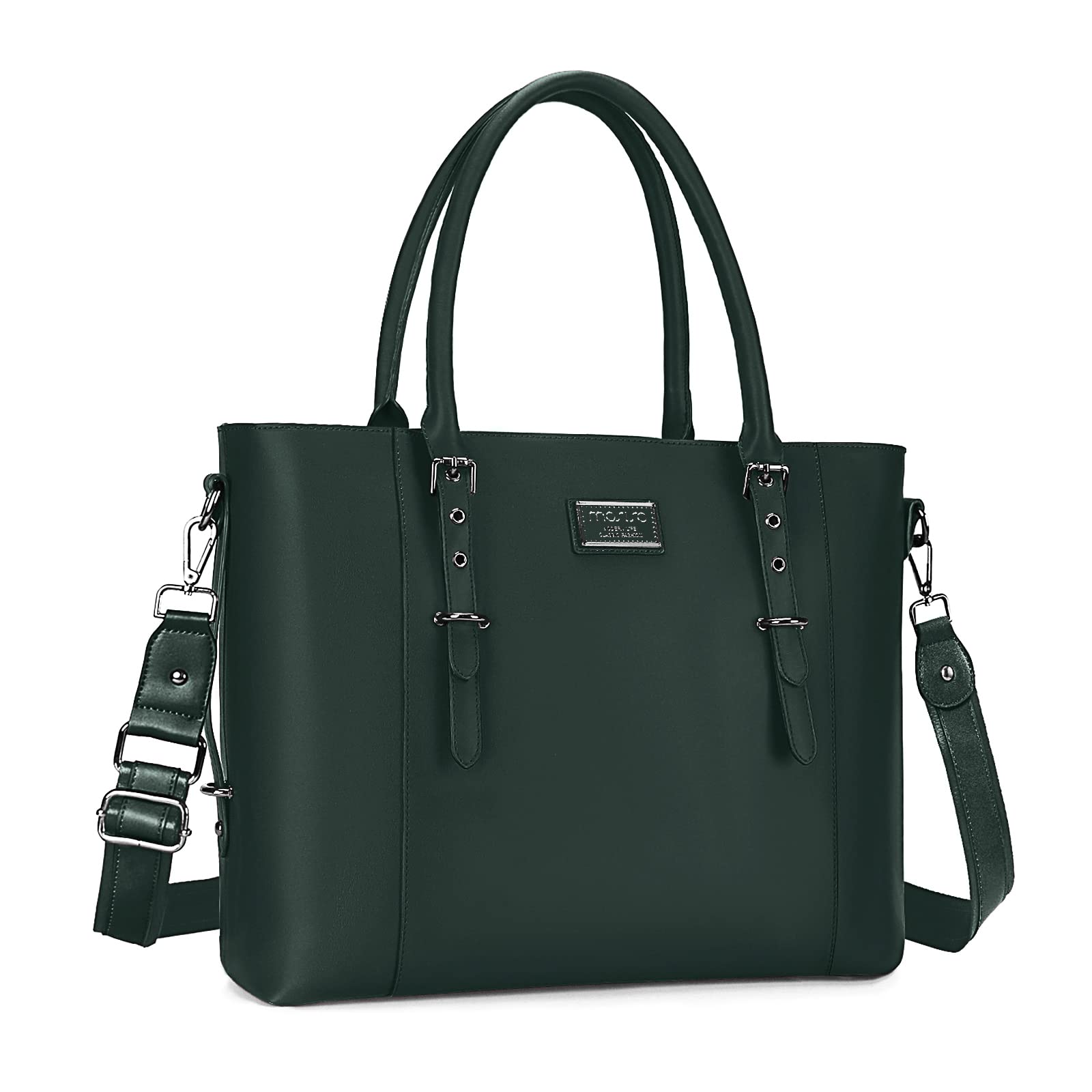 MOSISO PU Leather Laptop Tote Bag for Women (13-13.3 inch), Waterproof Large Capacity Business Work Briefcase Shoulder Laptop Bag, Midnight Green
