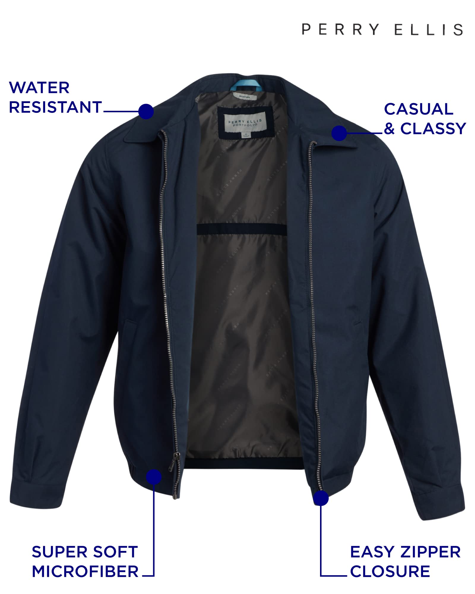 Perry Ellis Men's Golf Jacket - Lightweight Microfiber Water Resistant Windbreaker Jacket for Men with Cinched Waist (S-XL), Size Large, Dark Sapphire