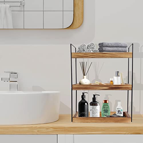 BEIUTAO 3 Tier Bathroom Counter Organizer, Wood Bathroom Countertop, (DIY Install) Bathroom Countertop Organizer and Storage Shelf, Cosmetic Holder Vanity Organizer Bathroom Trays