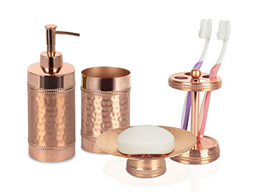 nu steel Hudson Copper finish Bath Accessory Set for Countertop, 4 pcs Luxury Ensemble-Soap Dish, Toothbrush Holder, Tumbler, soap Pump