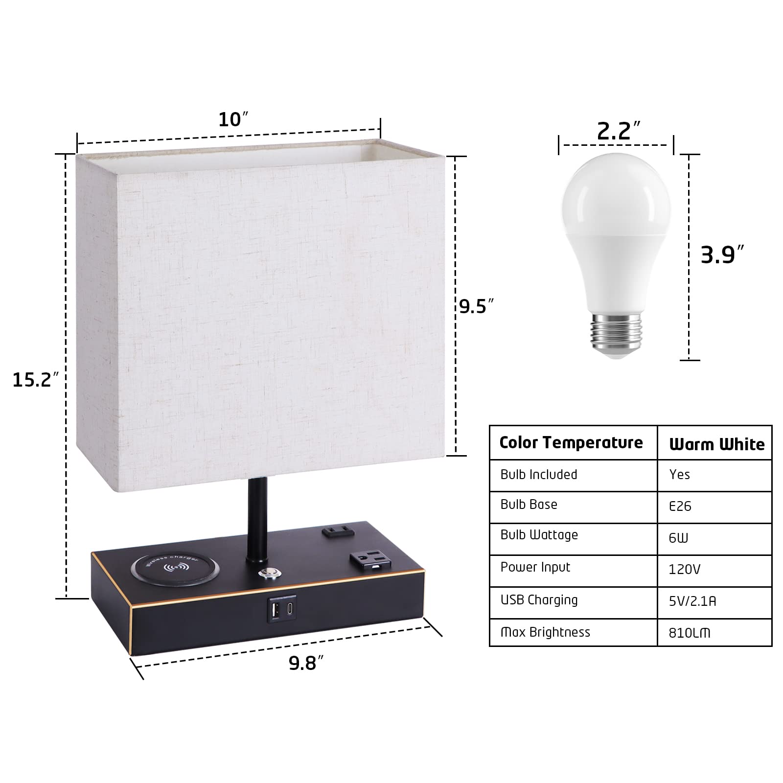 Kukobo Bedside Table Lamp with Wireless Charger, Touch Control Table Lamp for Bedroom Living Room, 3 Way Dimmable Nightstand Lamp with Type C + USB Port and 2 AC Outlets, 6W Blub Inclued(Black).