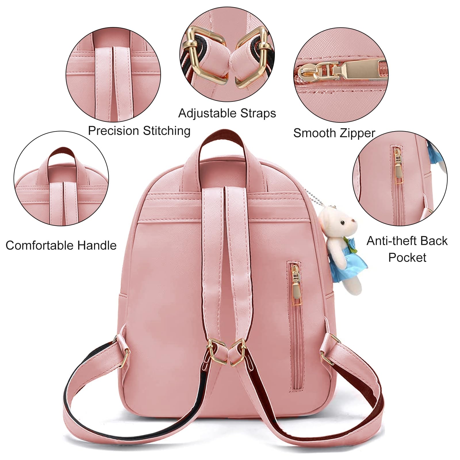 Barsine Girl Mini Backpack Set Cute Leather Small Backpack for Teen Girls Bookbag Purse, Pink