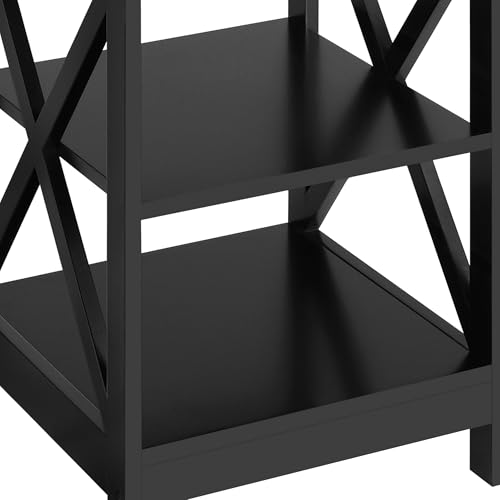 Yaheetech Black End Table Set of 2, 16x16x24 in Sturdy 3-Tier Side Tables with Storage Shelf & Solid Wood Legs, 2Pcs X-Design Modern Sofa Side Table for Living Room Office, Easy Assembly