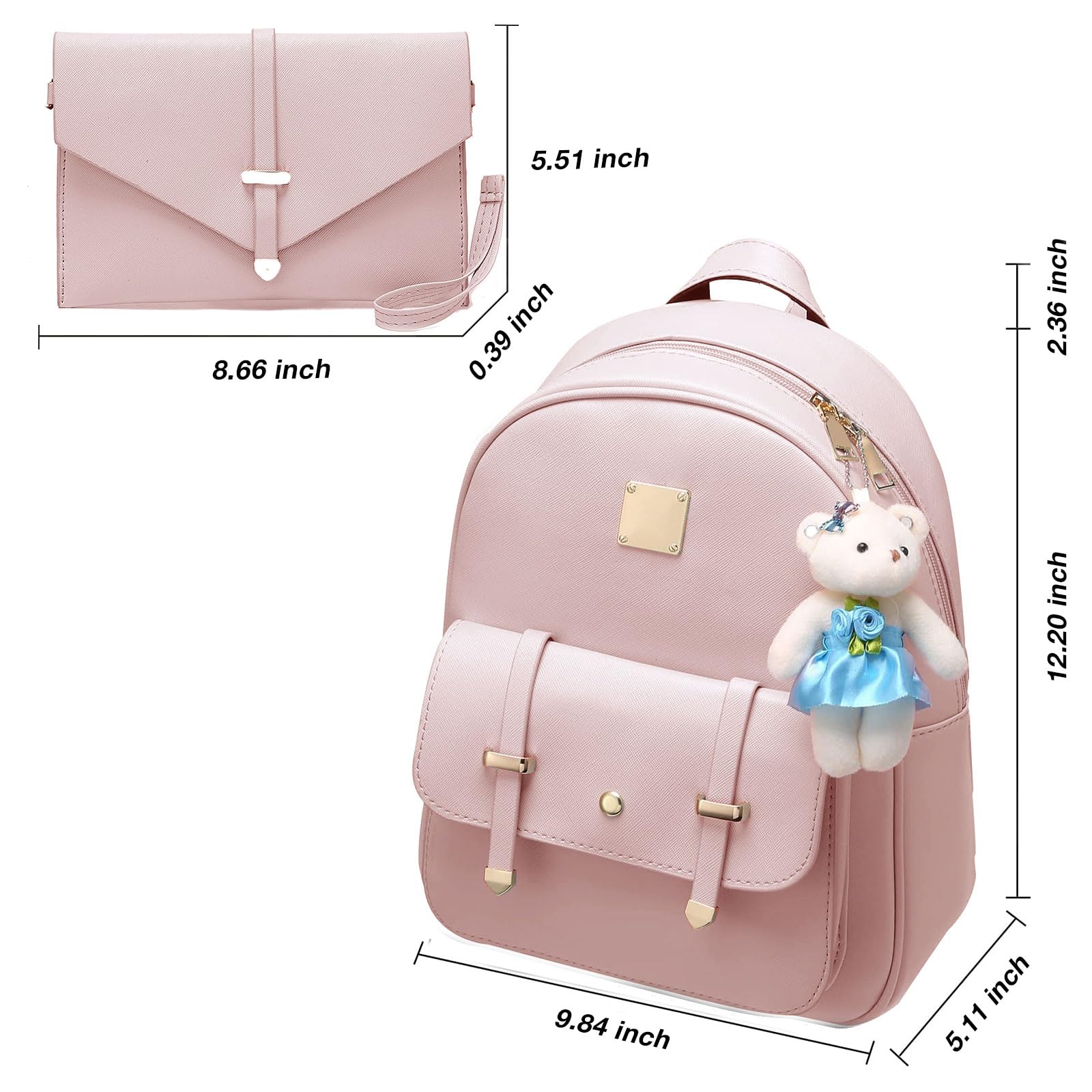 Barsine Girl Mini Backpack Set Cute Leather Small Backpack for Teen Girls Bookbag Purse, Pink