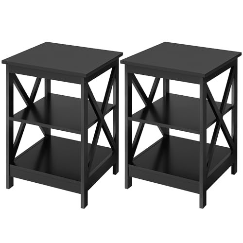 Yaheetech Black End Table Set of 2, 16x16x24 in Sturdy 3-Tier Side Tables with Storage Shelf & Solid Wood Legs, 2Pcs X-Design Modern Sofa Side Table for Living Room Office, Easy Assembly