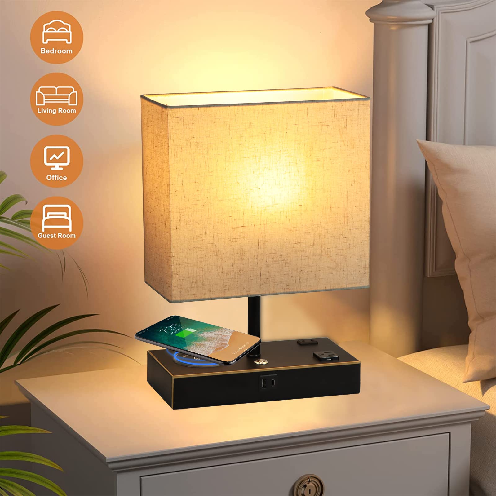 Kukobo Bedside Table Lamp with Wireless Charger, Touch Control Table Lamp for Bedroom Living Room, 3 Way Dimmable Nightstand Lamp with Type C + USB Port and 2 AC Outlets, 6W Blub Inclued(Black).