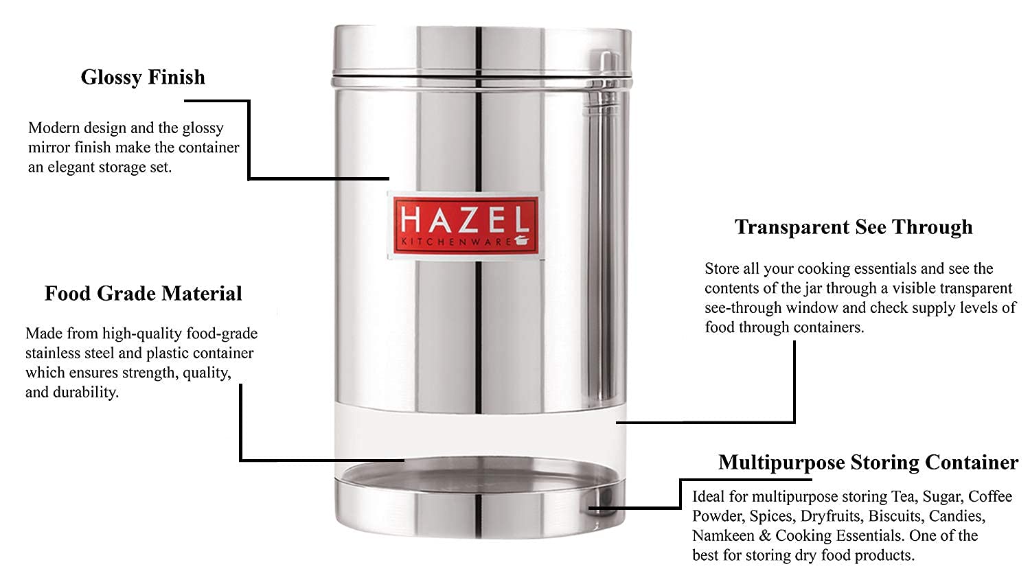 HAZEL Stainless Steel Transparent Glossy Finish See Through Container, Silver, Set of 2, 1700 Ml