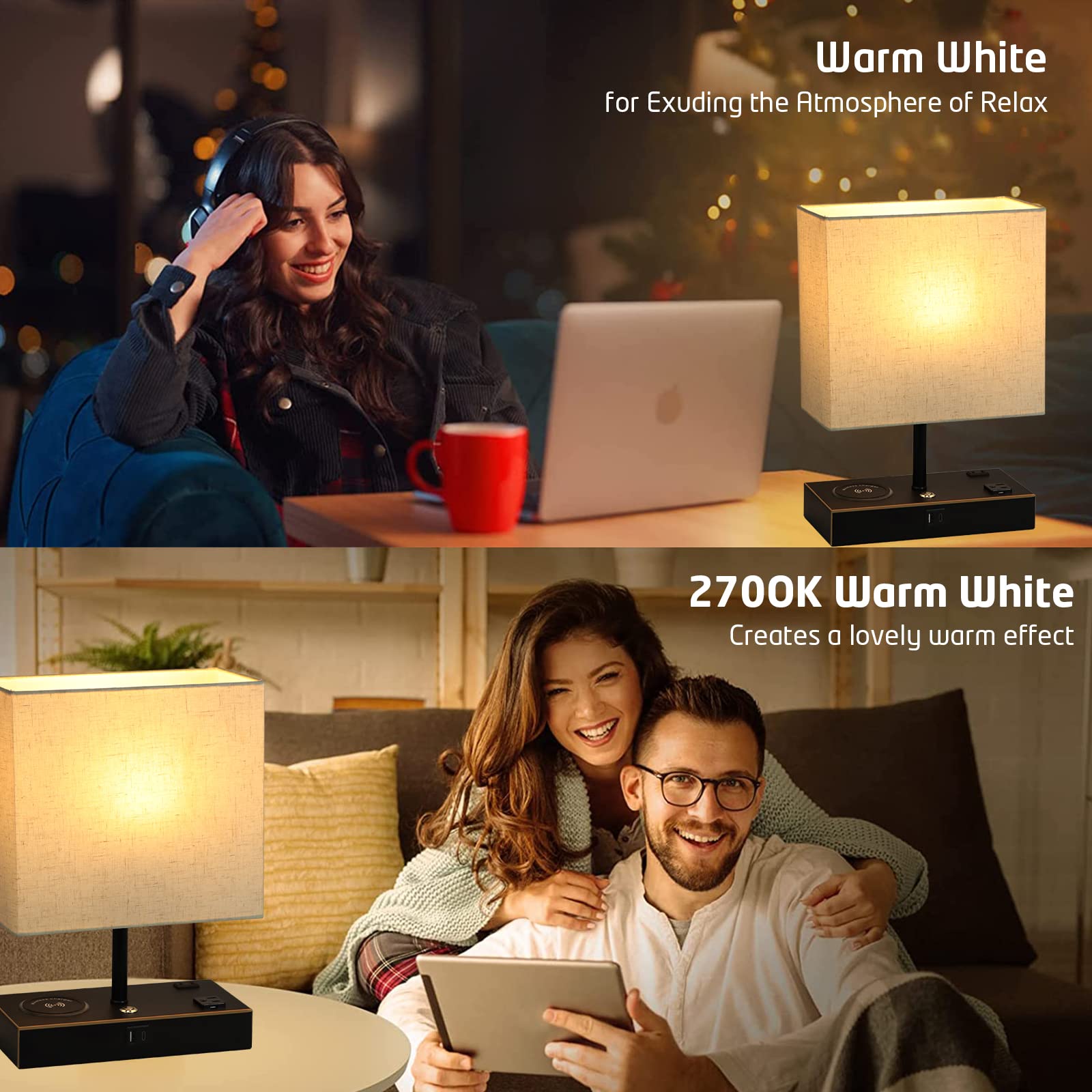 Kukobo Bedside Table Lamp with Wireless Charger, Touch Control Table Lamp for Bedroom Living Room, 3 Way Dimmable Nightstand Lamp with Type C + USB Port and 2 AC Outlets, 6W Blub Inclued(Black).