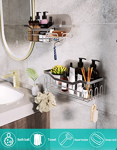 HapiRm Shower Caddy Bathroom Organizer Shelf Build in Shampoo Holder, No Drilling Rust Proof Stainless Steel Shower Storage Rack with 11 Hooks for Hanging Shower Ball and Razor