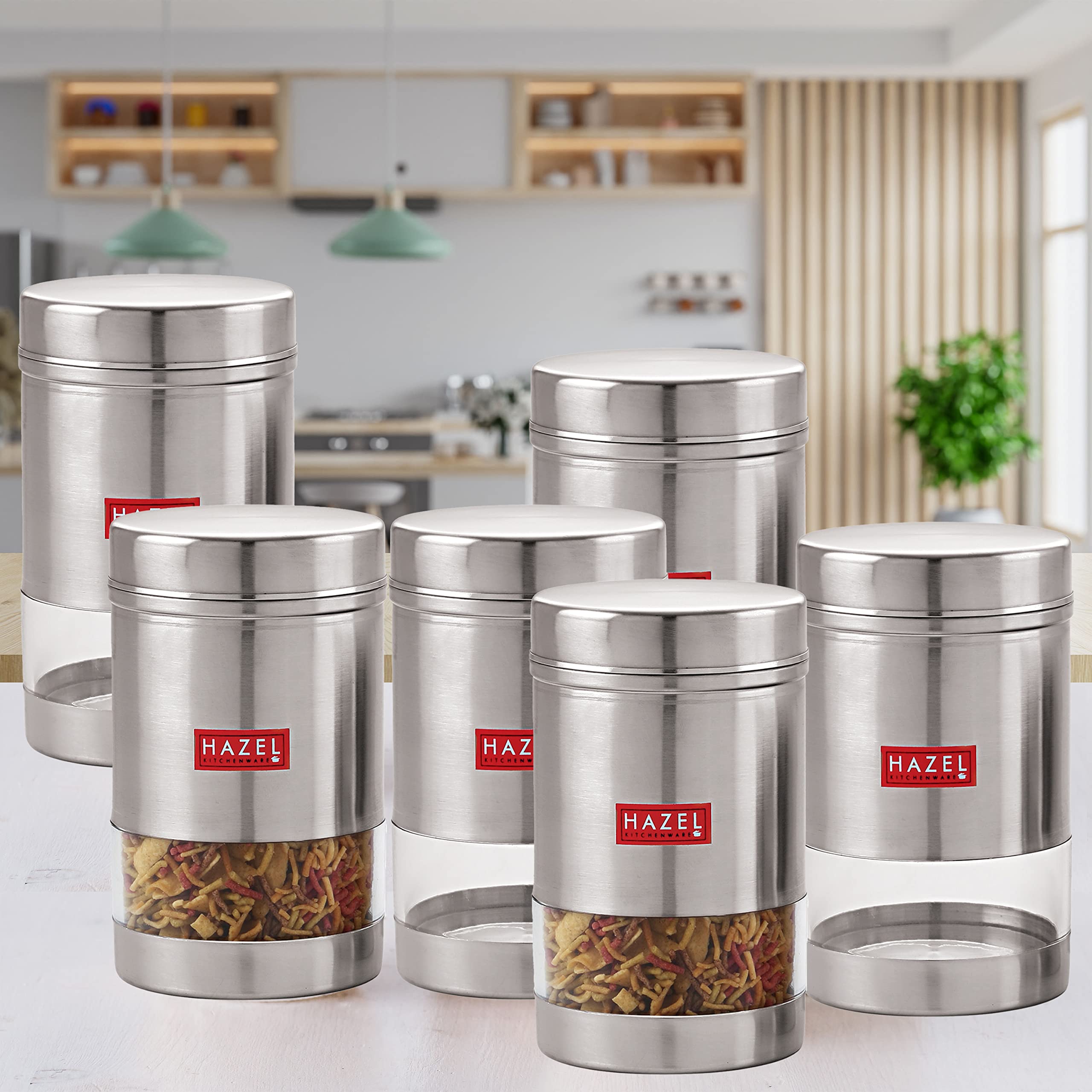HAZEL Stainless Steel Transparent Glossy Finish See Through Container, Silver, Set of 6, 1200 Ml