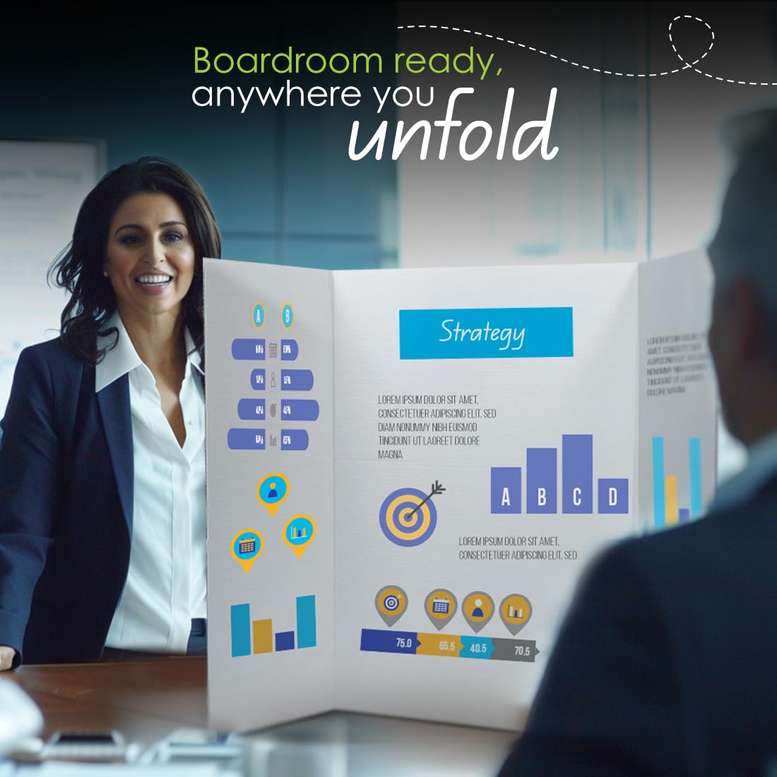 Desk Tech Large Tri-Fold Presentation Board, 36" x 48" Portable Poster Board, Made of Corrugated Paper, Versatile Display Board for School/Office Projects, Exhibitions, and Workshops, White, 1 Piece