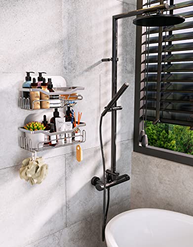 HapiRm Shower Caddy Bathroom Organizer Shelf Build in Shampoo Holder, No Drilling Rust Proof Stainless Steel Shower Storage Rack with 11 Hooks for Hanging Shower Ball and Razor