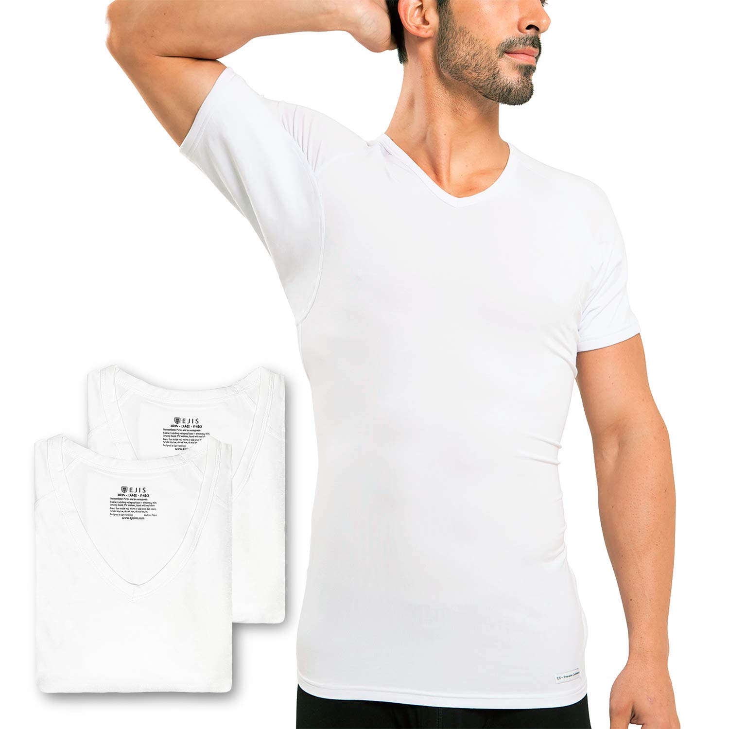 Ejis Sweat Defense Undershirt | V Neck (3-Pack) | Underarm Sweat Proof Micro Modal (Medium, White)